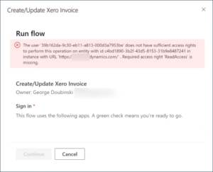 Tip #1424: The user does not have sufficient access right to run flow with custom connector ...